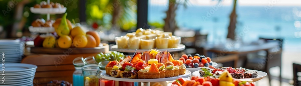 Seaside Brunch, A tabletop view of a delectable brunch spread at a ...