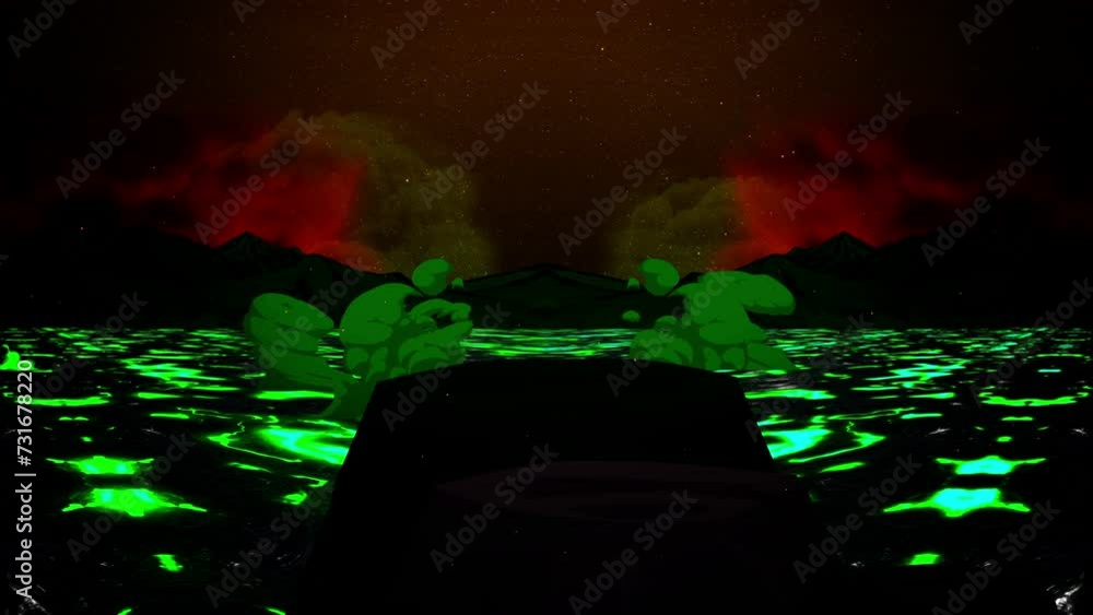 Panoramic animation of green acid lava flow in desert island. Looped ...