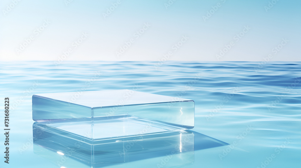 Glass cubes showcase on blue ocean wate, Product display podium, Empty ...