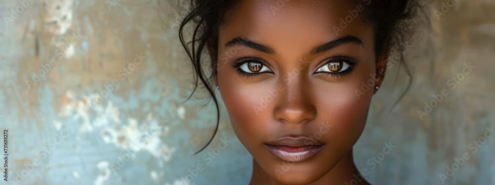Beautiful dark-skinned Black woman with brown eyes, a small nose, plump ...