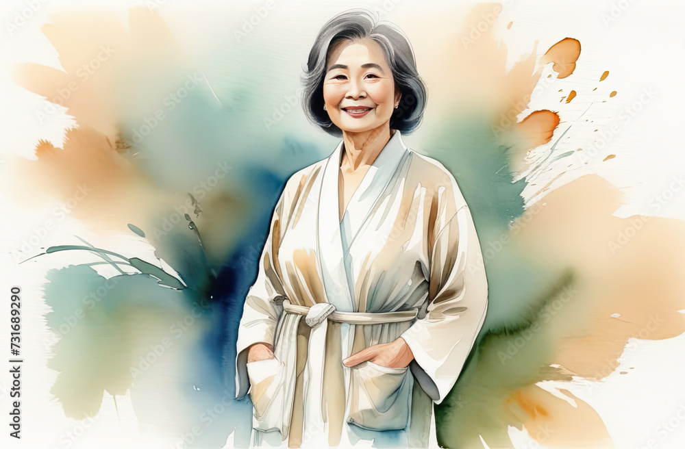 Beautiful, well maintained 60-year-old asian woman in a beige silk ...