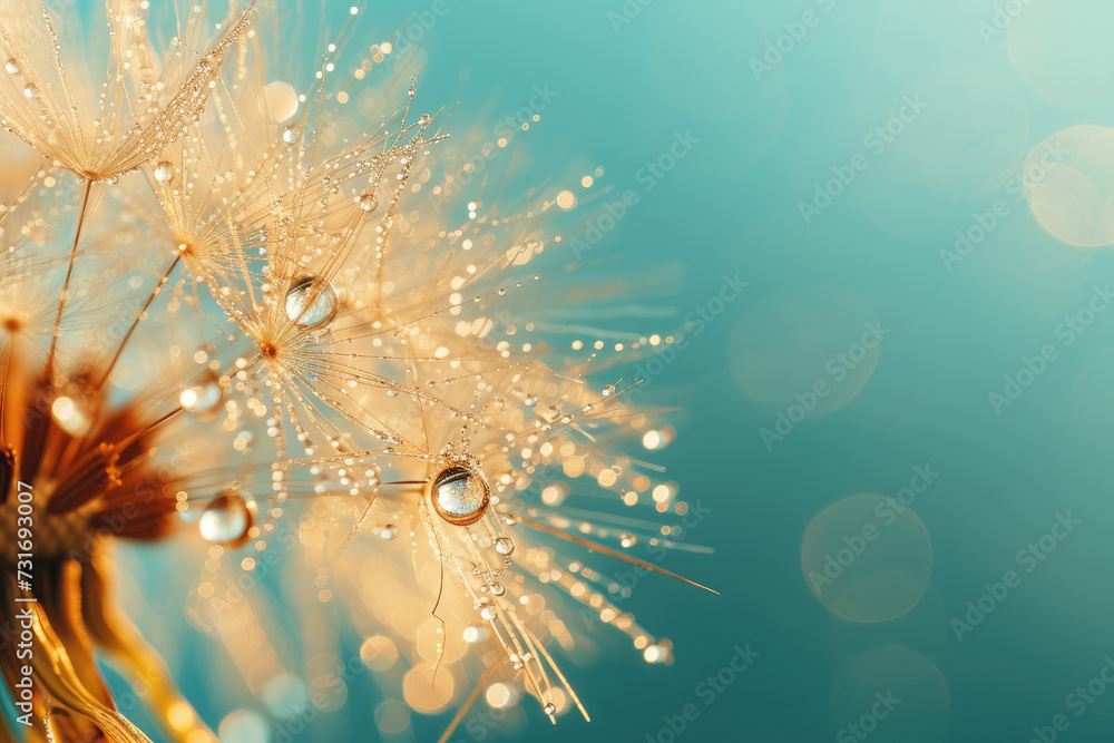 Beautiful dew drops on a dandelion seed macro. Large golden dew drops ...