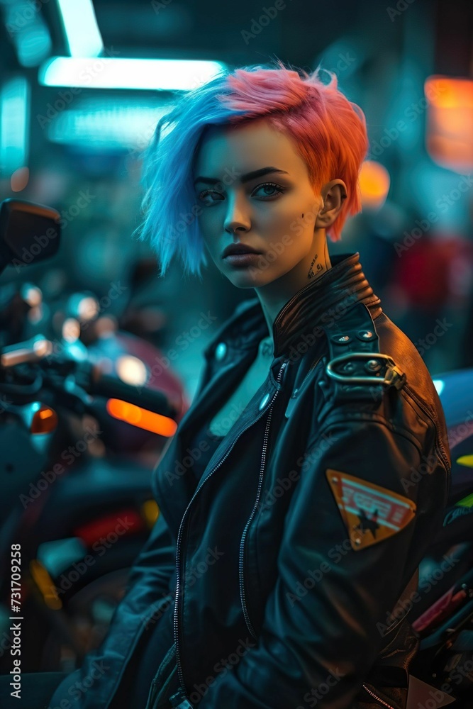 Ai Generated Illustration Of A Gorgeous Girl With Bright Hair Astride A Sleek Neon Motorcycle