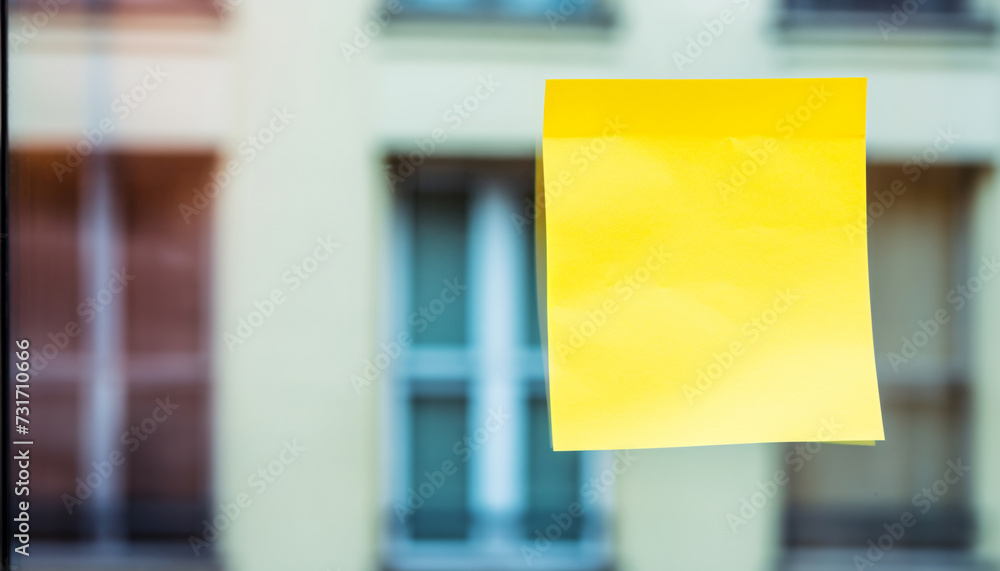 Blank yellow Post-It sticking to a window in an office building ...