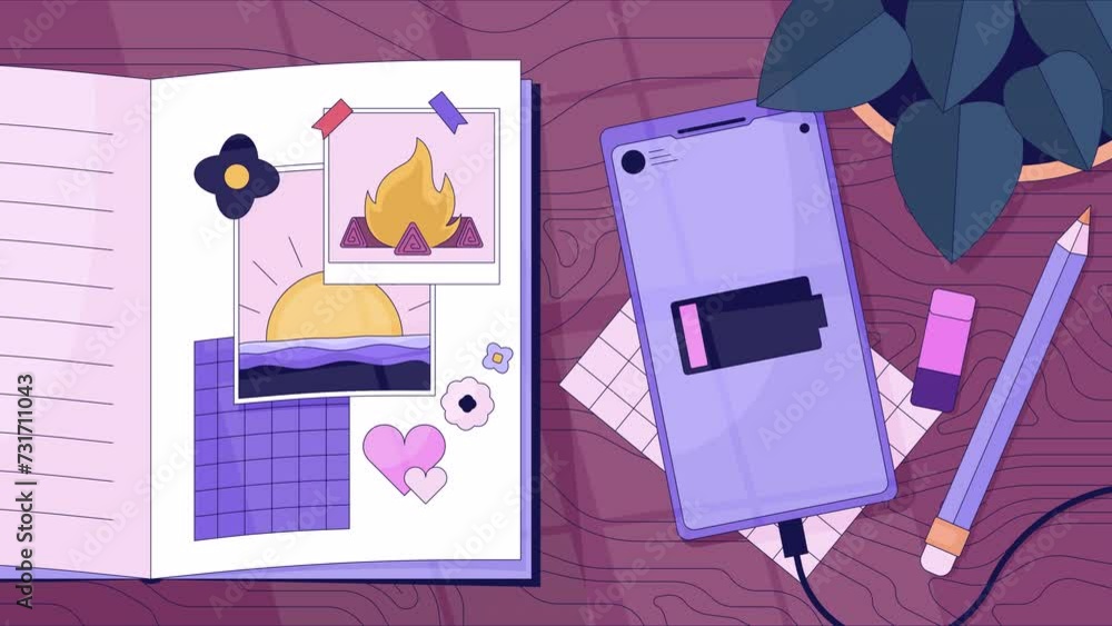 Travel journal near smartphone charging lo fi animated cartoon ...