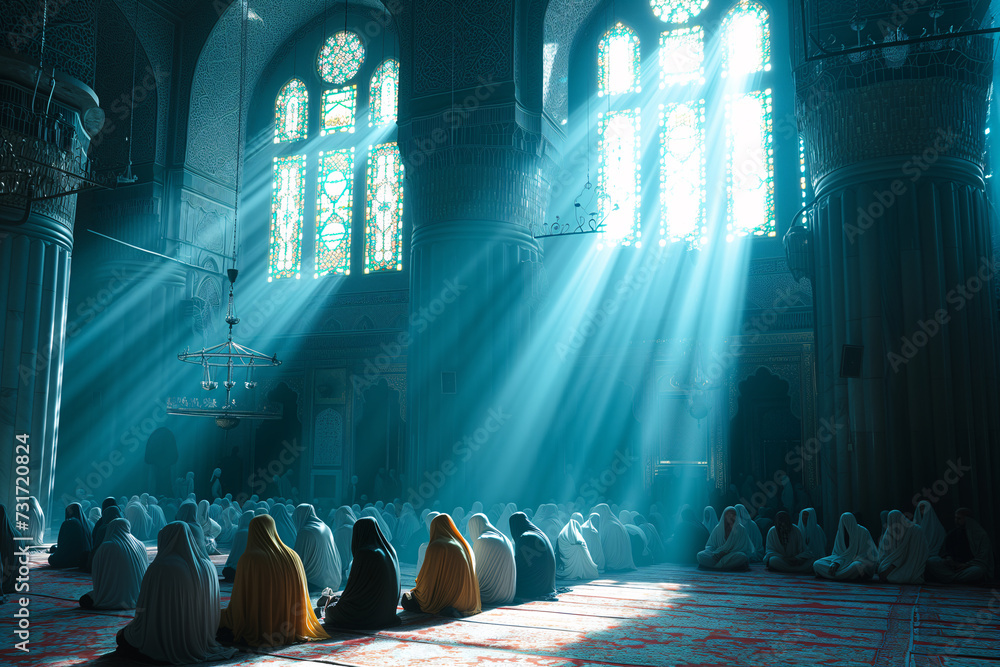 Mosque. Devotees gathered for a prayer session in the serene ambiance ...