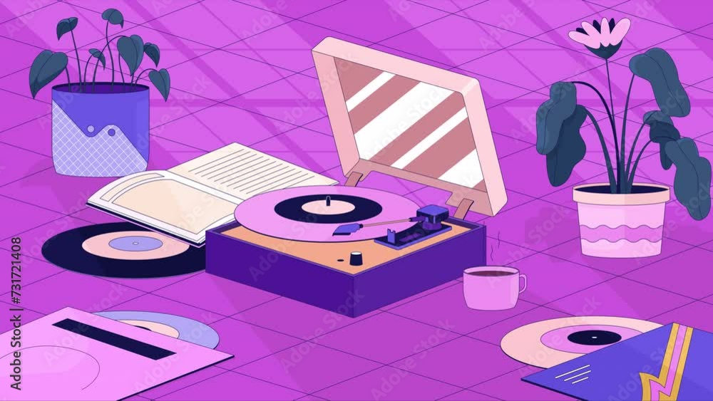 Boho vinyl player flowerpots lo fi animated cartoon background ...