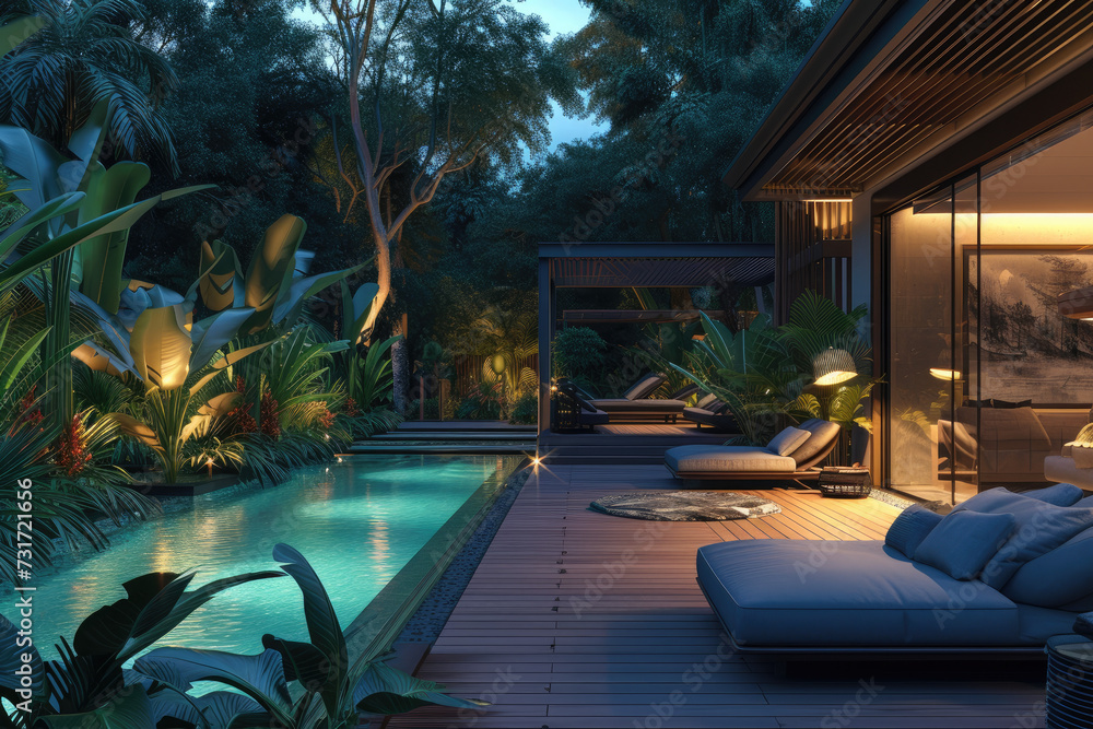 Interior design of a lavish side outside garden, with a teak hardwood ...