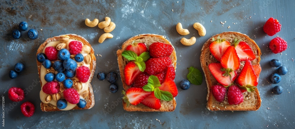 Toasts with fruits, berries, and peanuts seen from above on a textured ...