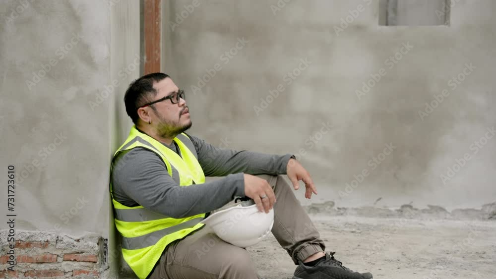 Exhausted male construction worker putting white safety helmet off sit ...
