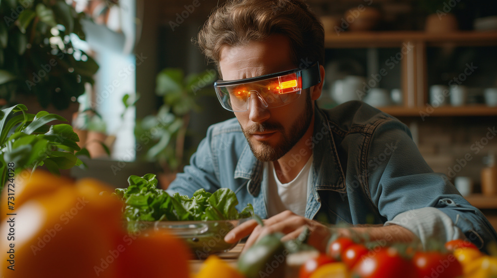 Smart glasses. An attentive man is using augmented reality smart ...