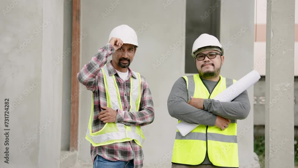 Asian man construction engineers are fully clothed, wearing hard hats ...
