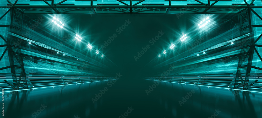 Futuristic racing track and driving through finish gate and illuminated ...