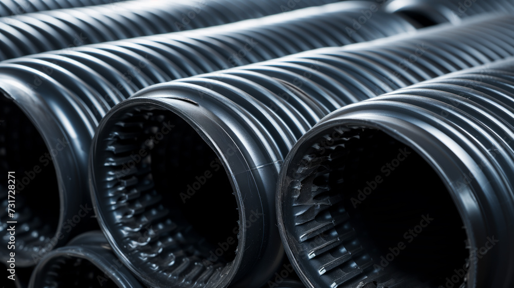 Corrugated black plastic pipes stacked, industrial PVC tubing, macro ...