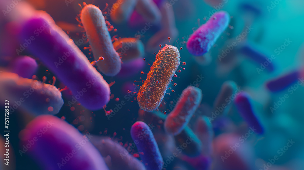 Vibrant depiction of various bacteria cells in a microscopic view with ...