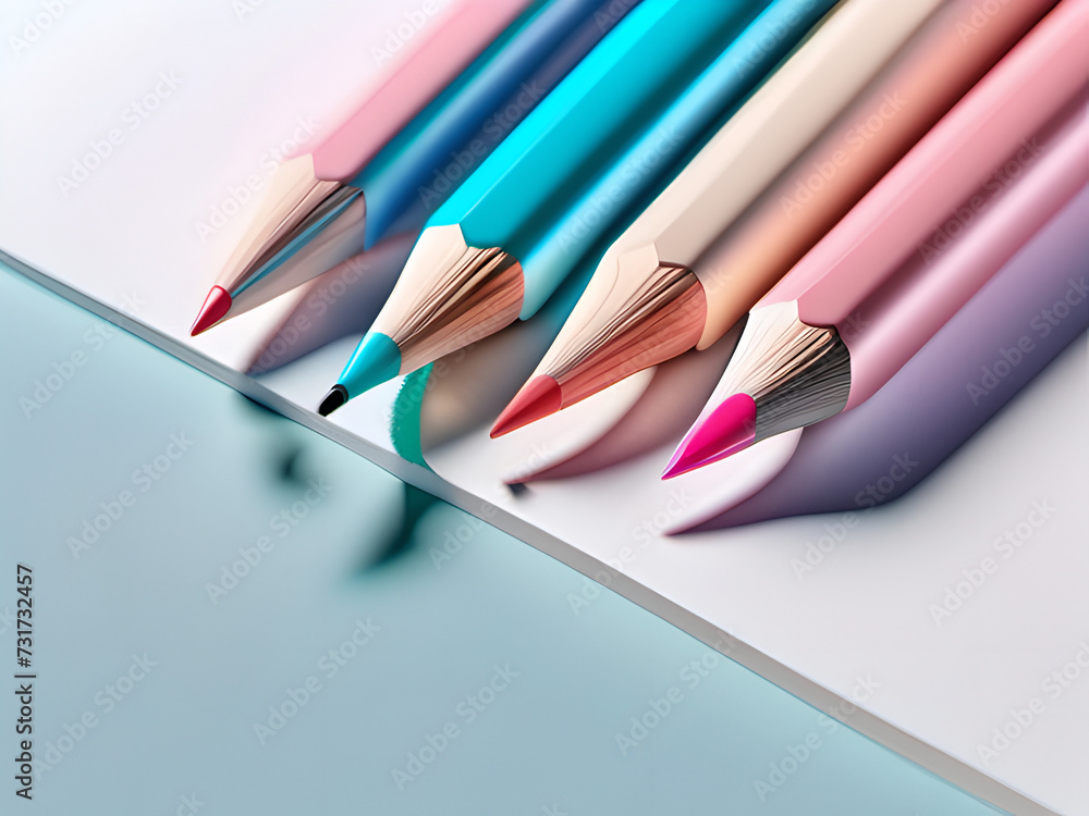 Colored pencils on a reflective surface creating an artistic and ...