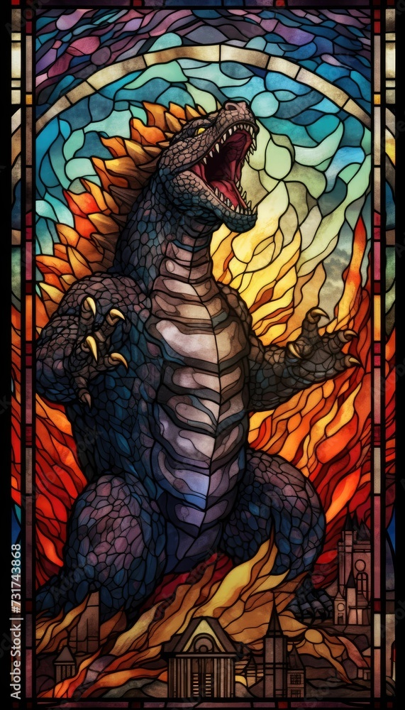 AI generated illustration of a vibrant stained glass artwork depicting ...