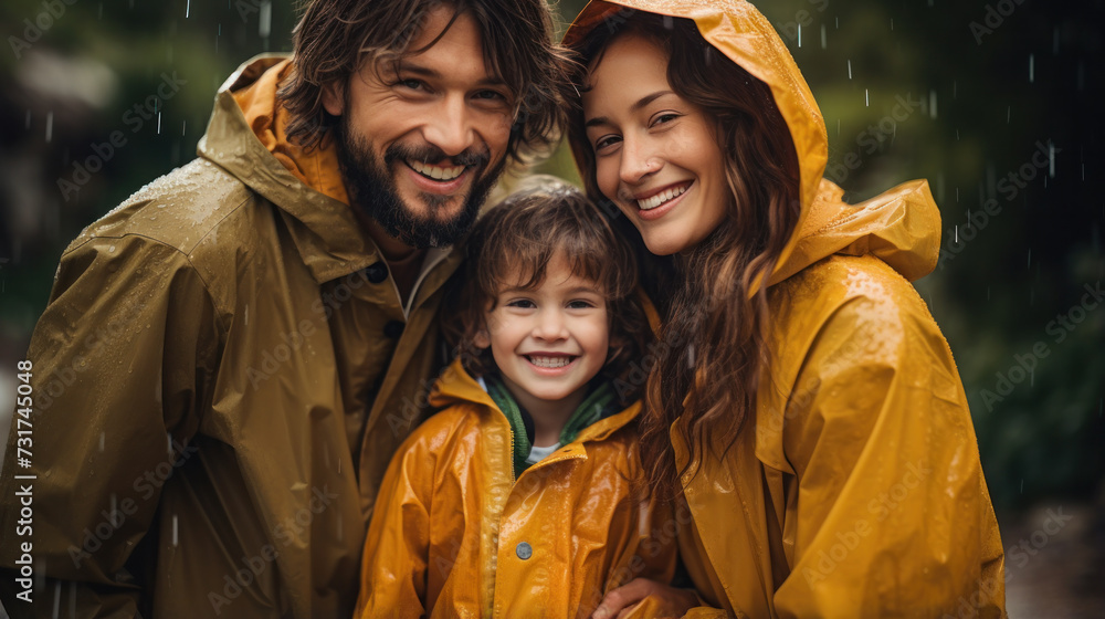 Great time on rainy day with my family. happy family in yellow ...