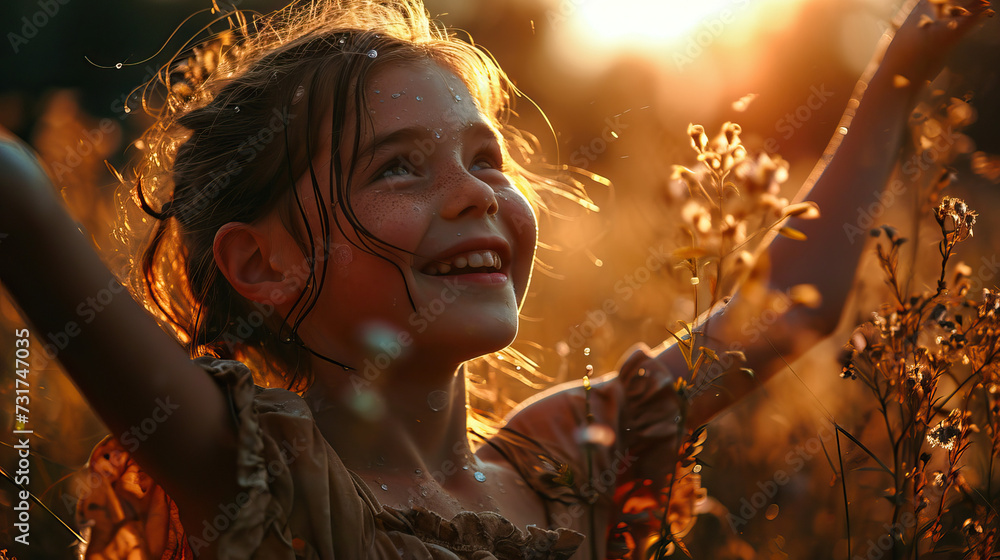 Wheatfield Joy: A Young Girl Stands in a Field of Wheat, Arms ...