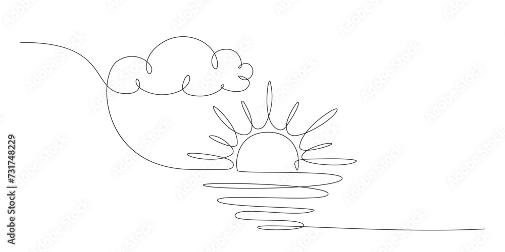 Sunset with cloud on sea, ocean continuous one line drawing. Sunrise ...