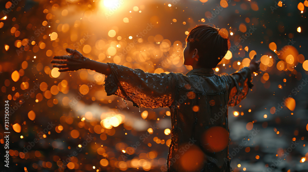 Fireworks Delight: An Asian Man Stands with Arms Outstretched in the ...