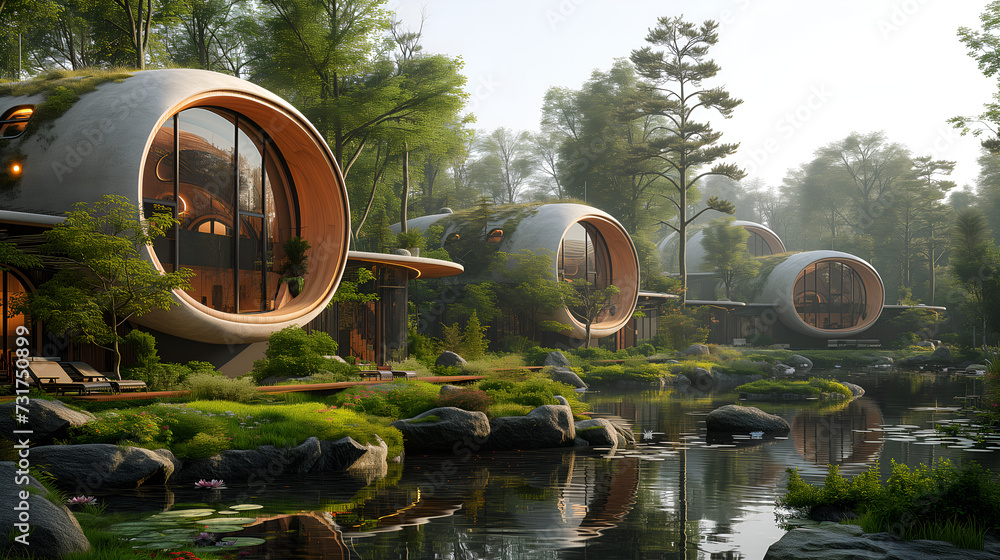 Project of ecological green city area and apartments with futuristic ...