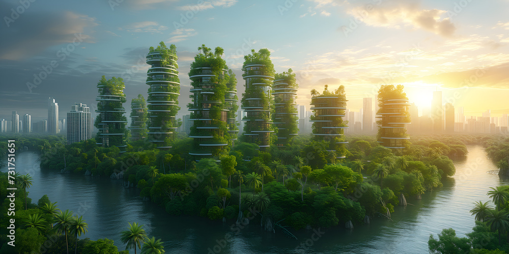 Project of ecological green city area and apartments with futuristic ...