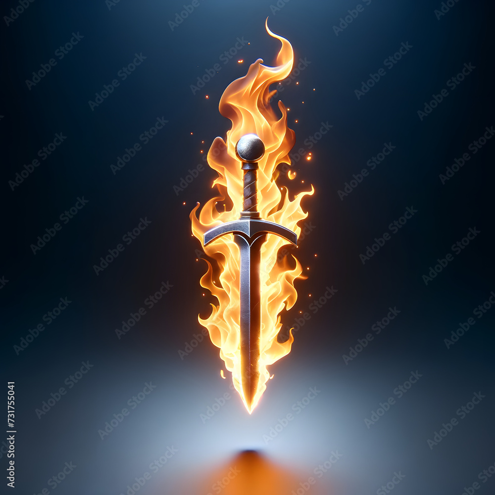 mysterious and magical photo of silver sword with fire flames over the ...