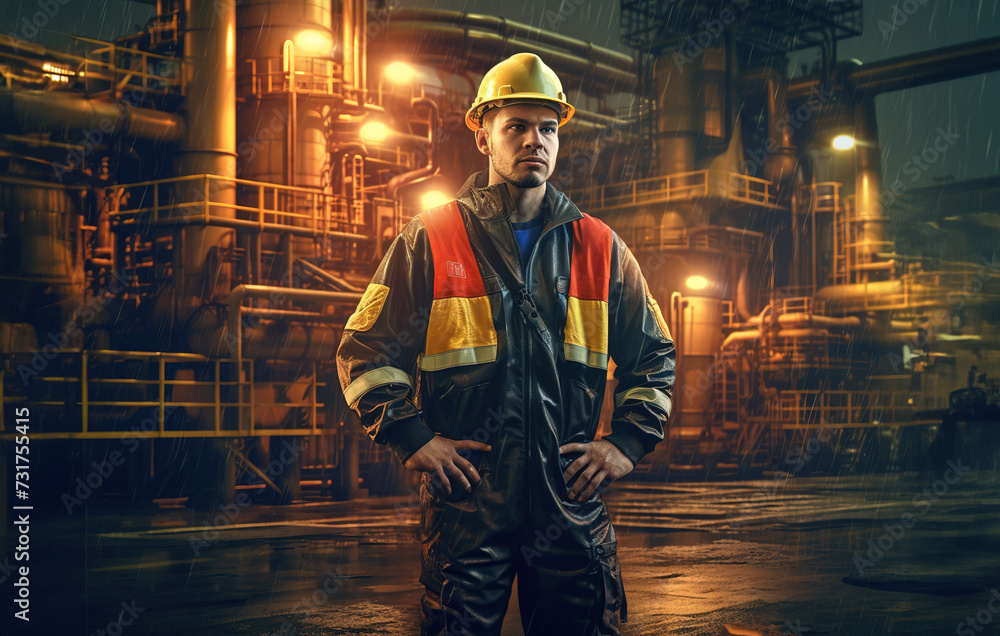 Refinery worker in uniform and helmet standing in front of the refinery ...