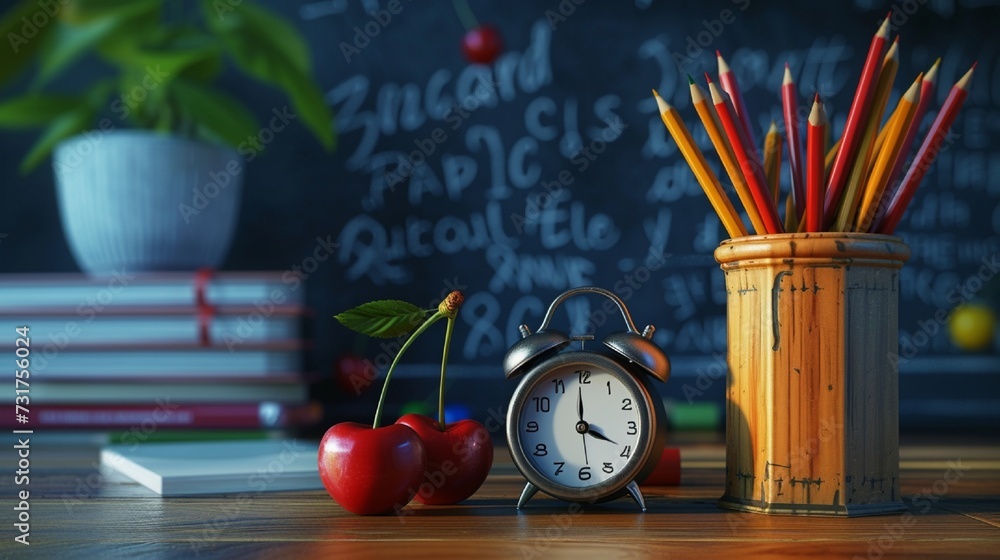 Pencil holder, alarm clock, and cherry on a blackboard background. 8k ...