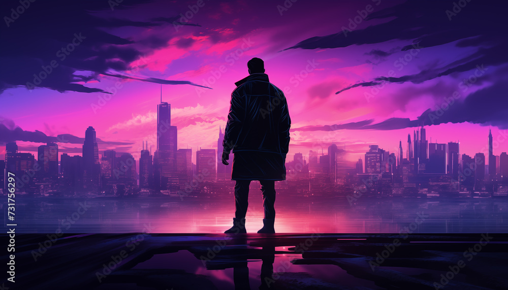 Beautiful synthwave male, boy in a nice looking clothes in a synthwave ...