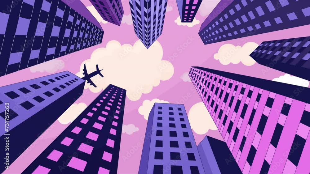 Plane flying over high rise buildings lo fi animated cartoon background ...