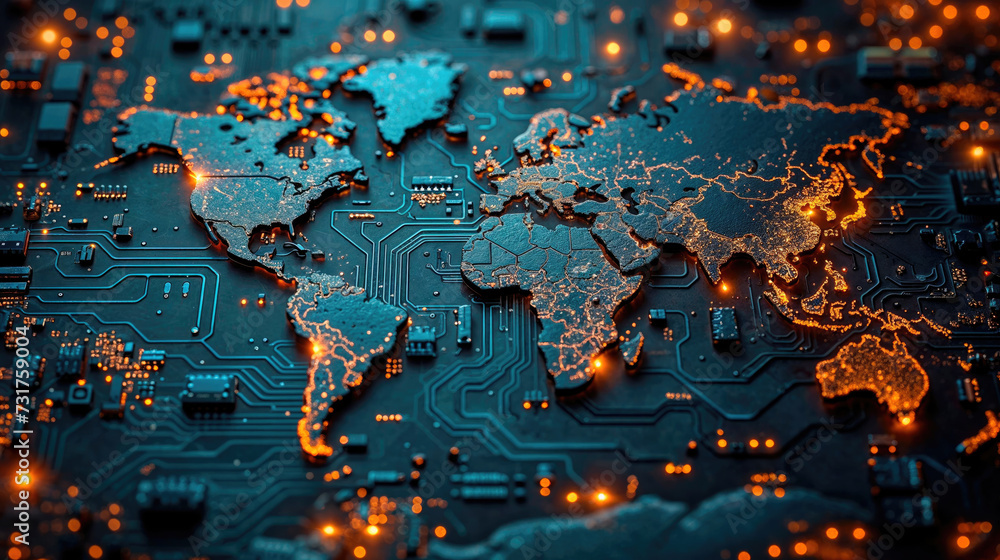 A glowing, orange digital world map overlays a dark, intricate circuit ...