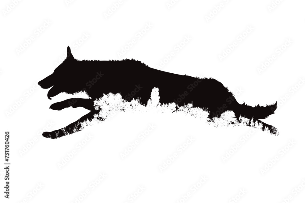 Jumping dog silhouette with tree line on white background. Symbol of ...