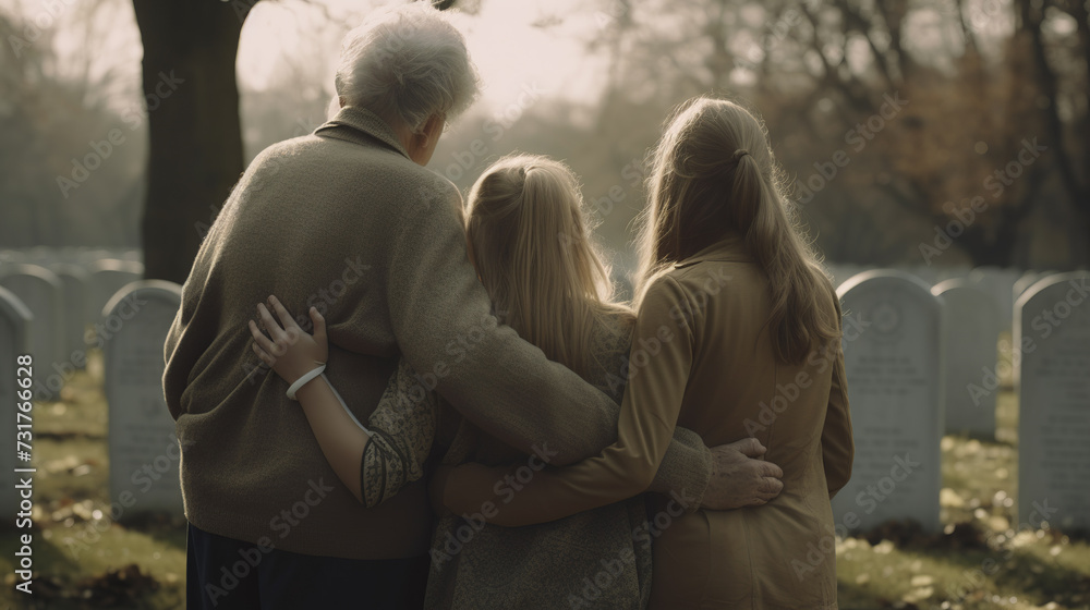 back view of a grieving family mourning a lost loved one, illustrating ...