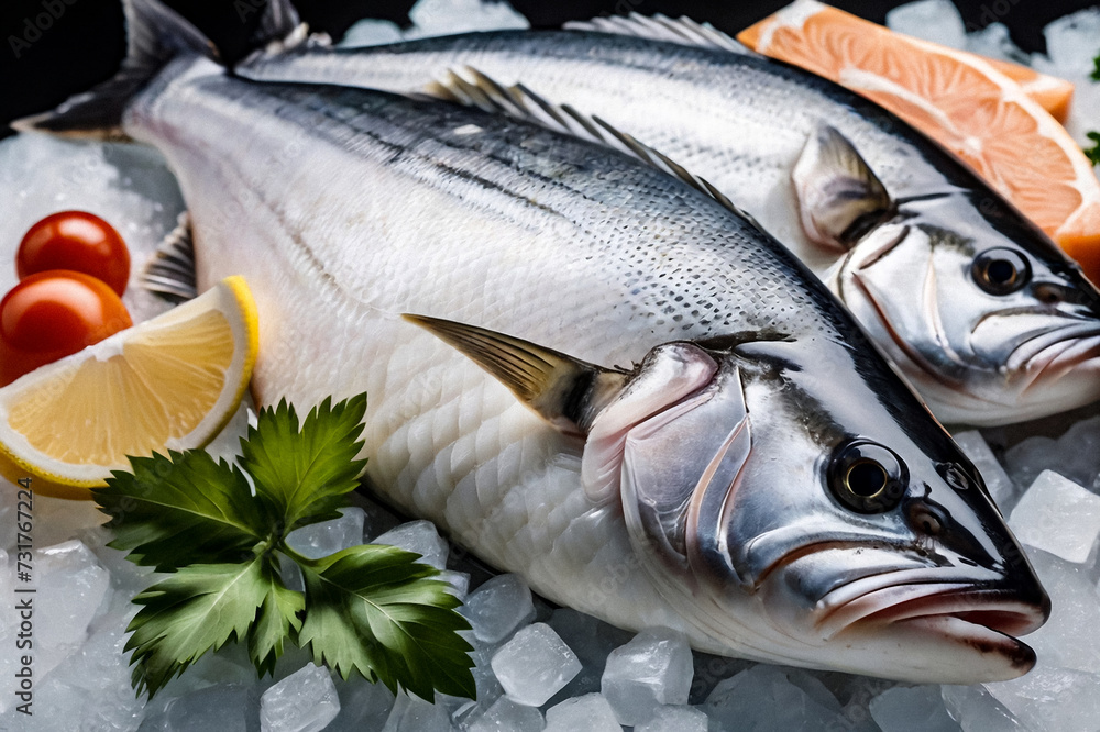 Fresh halibut seafood on crushed ice at fish market. Fresh frozen on ...