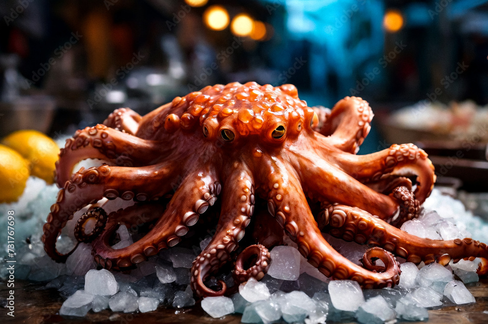 Fresh octopus seafood on crushed ice at fish market. Fresh frozen on ...