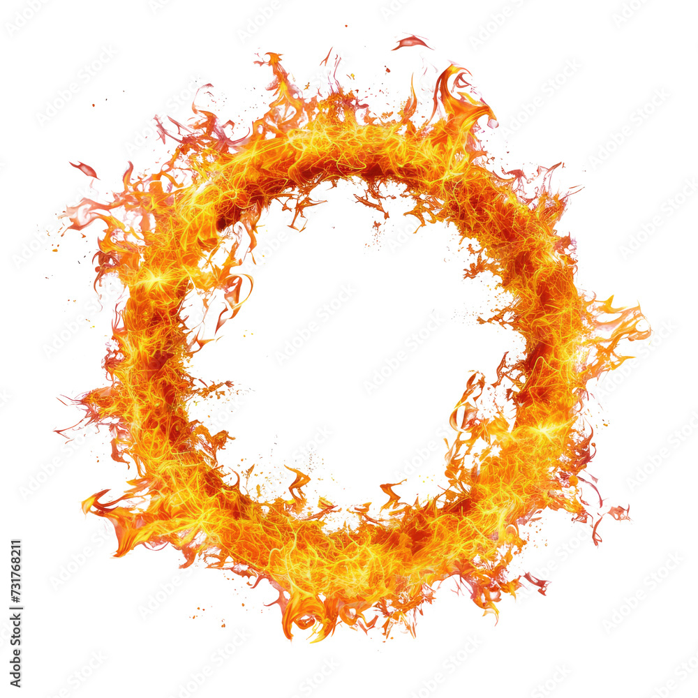 Realistic fire flame circle ring on white background. Round fire flame ...