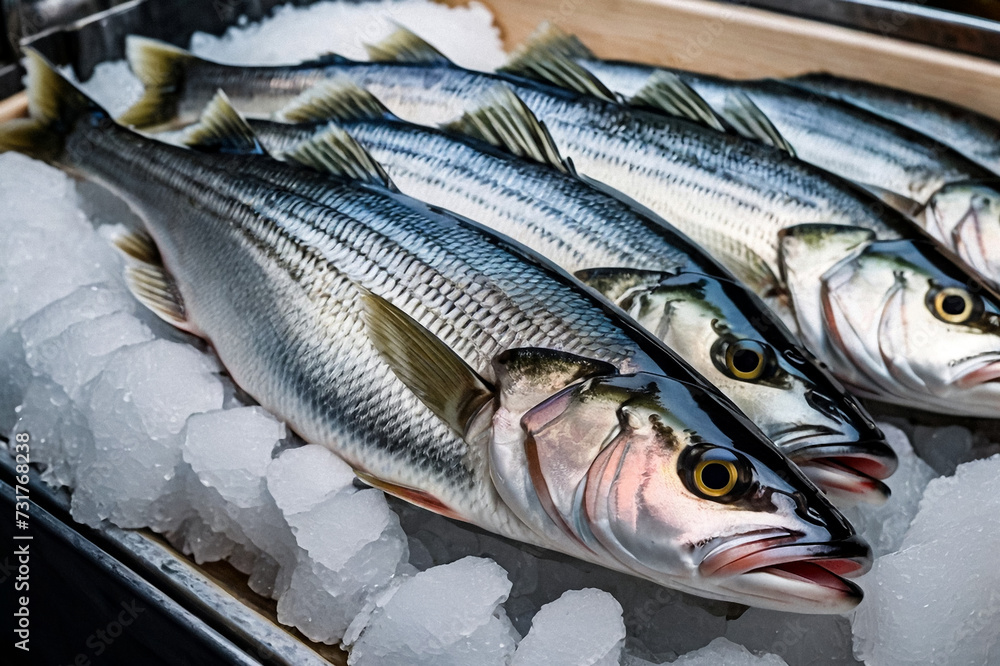 Fresh sea bass seafood on crushed ice at fish market. Fresh frozen on ...