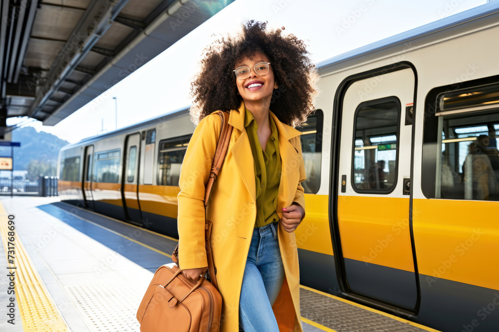 Young happy smiling African American woman with a stunning afro and a ...