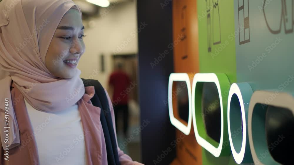 Beautiful white Muslim woman throws a plastic drinking bottle into the ...