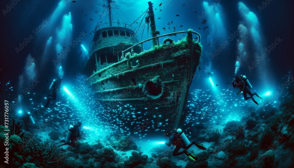 Deep-sea divers exploring a sunken ship surrounded by glowing fish in ...