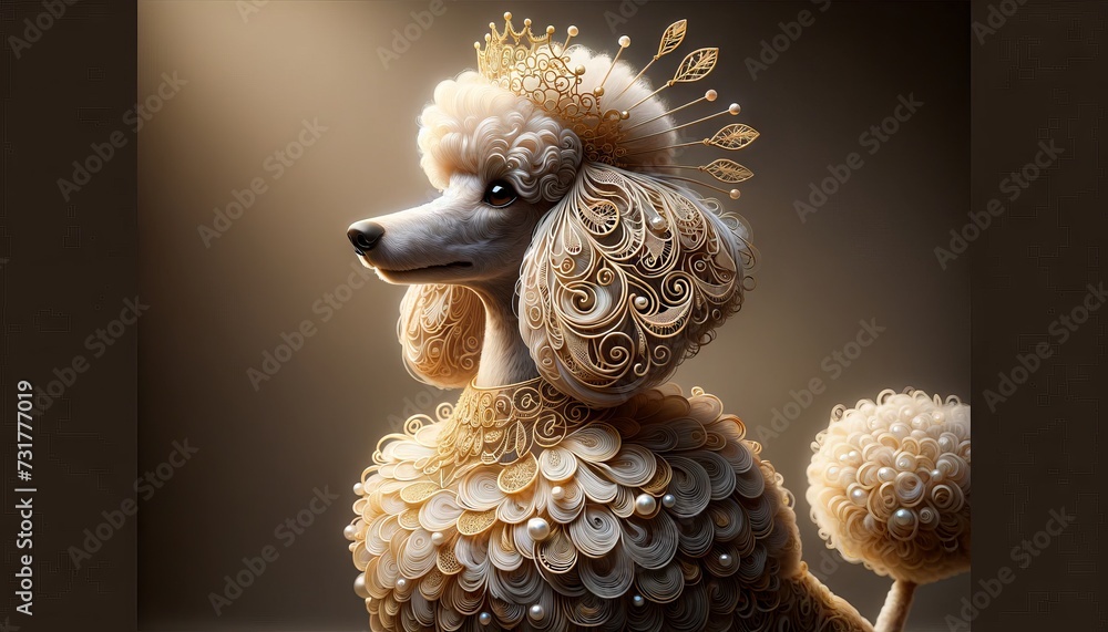 A whimsical animated art style portrait of a poodle with intricate lace ...
