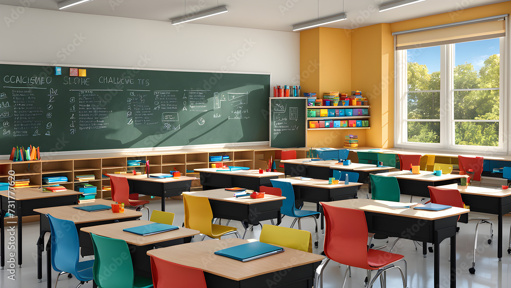 picture collage of a classroom interior with school desks and chairs ...