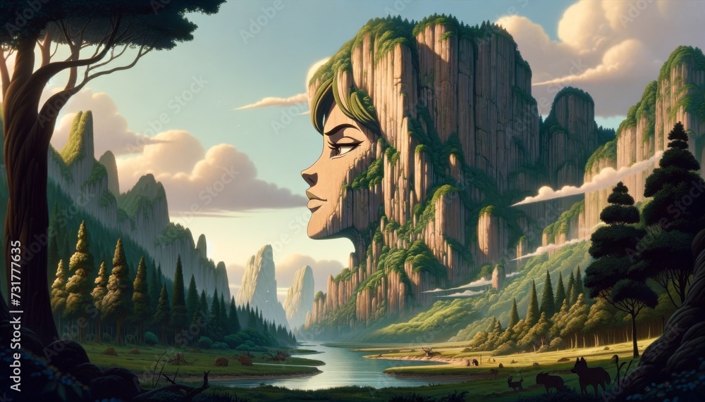 A traditional 2D animation style image showcasing the landscape with a ...