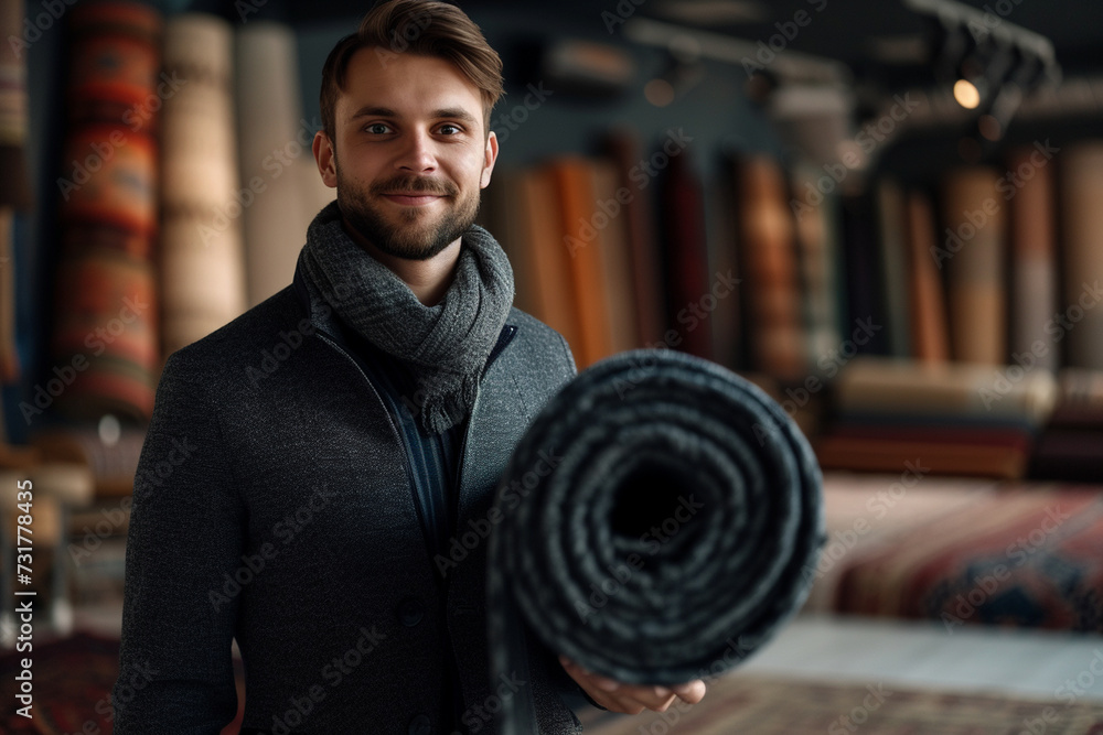photo of a carpet salesman elegantly presenting a rolled-up carpet ...