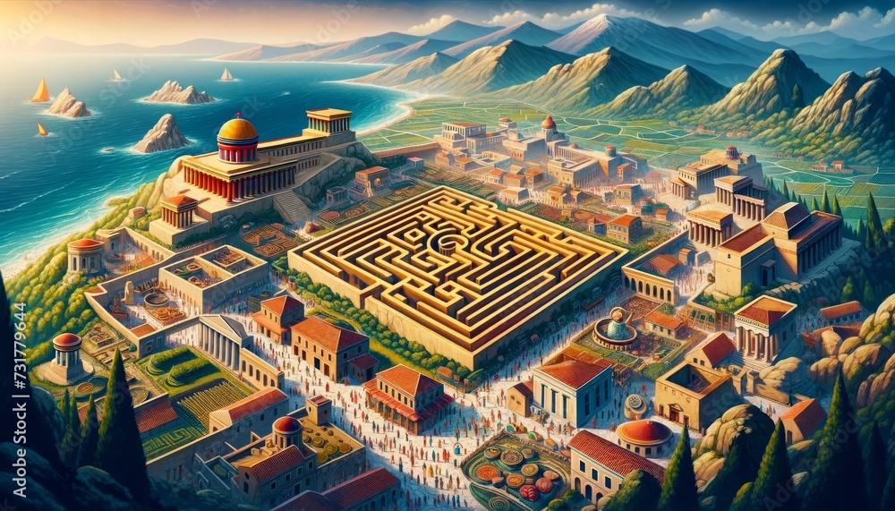A whimsical, animated art style aerial view of ancient Crete ...