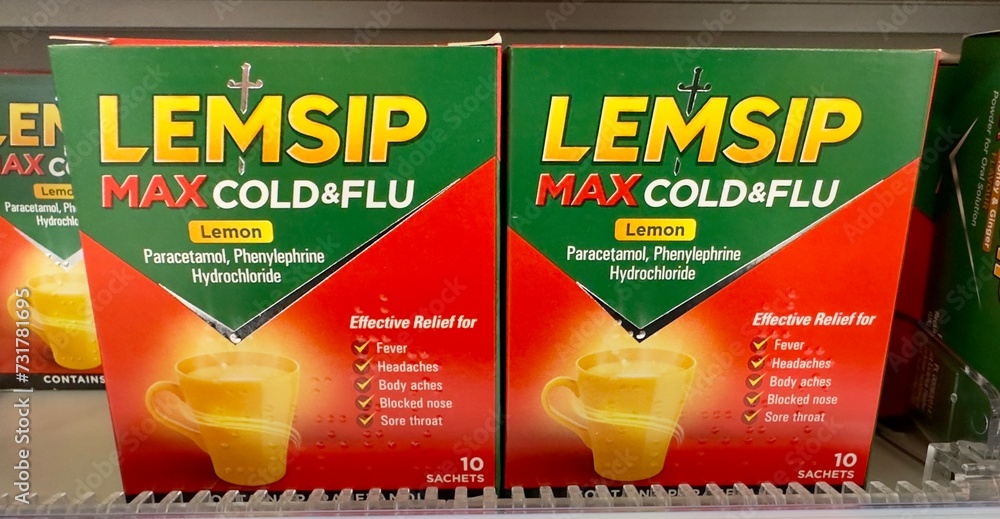 Essex, UK - January 19, 2024: Boxes of Lemsip sachets max cold and flu ...