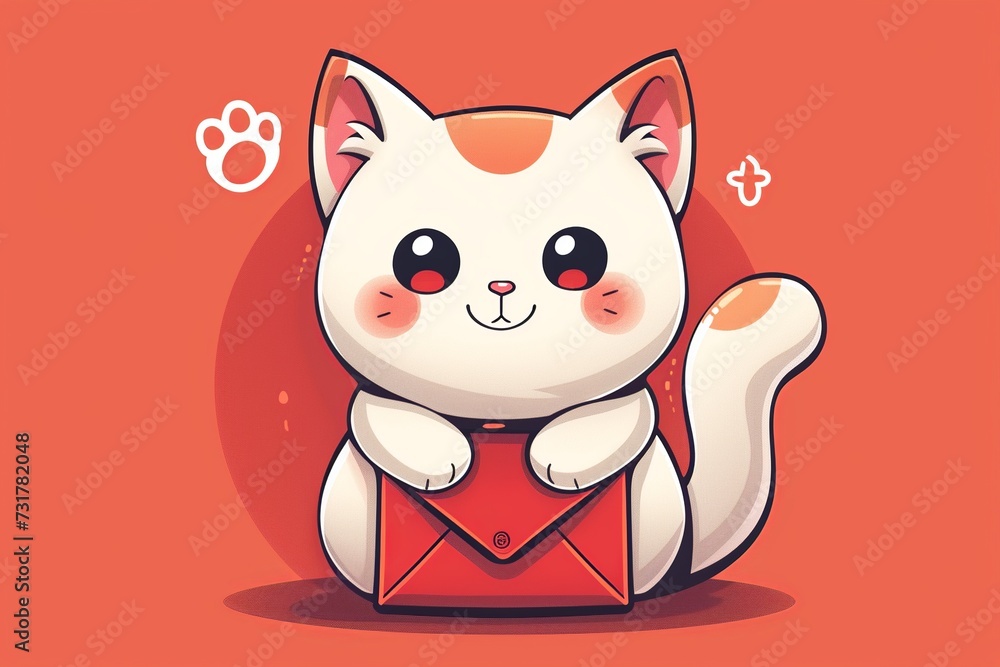 Charming chibi cat with big, sparkling eyes centered on a red lucky ...
