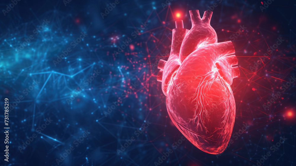 projection of the red heart, anatomy of the human organ, on a blue ...